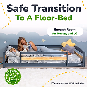 Twin Size Floor Bed with Safety Guardrails for Kids, Montessori Floor Bed with 2 Openings, Twin Bed Frame for Girls and Boys (Gray)