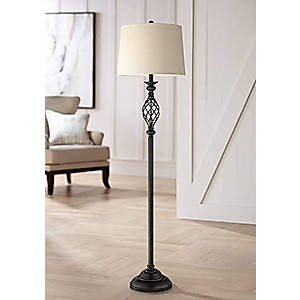 Franklin Iron Works Annie Rustic Farmhouse Industrial Vintage Lamp Floor Standing 63" Tall Bronze Iron Scroll Font Cream Hardback Drum Shade Decor for Living Room Reading House Bedroom Home
