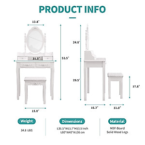 Alohappy Makeup Vanity Set with Mirror & Stool for Girls, Vanity Table and Cushioned Stool Set with 4 Drawers, Wood Dressing Table for Bedroom