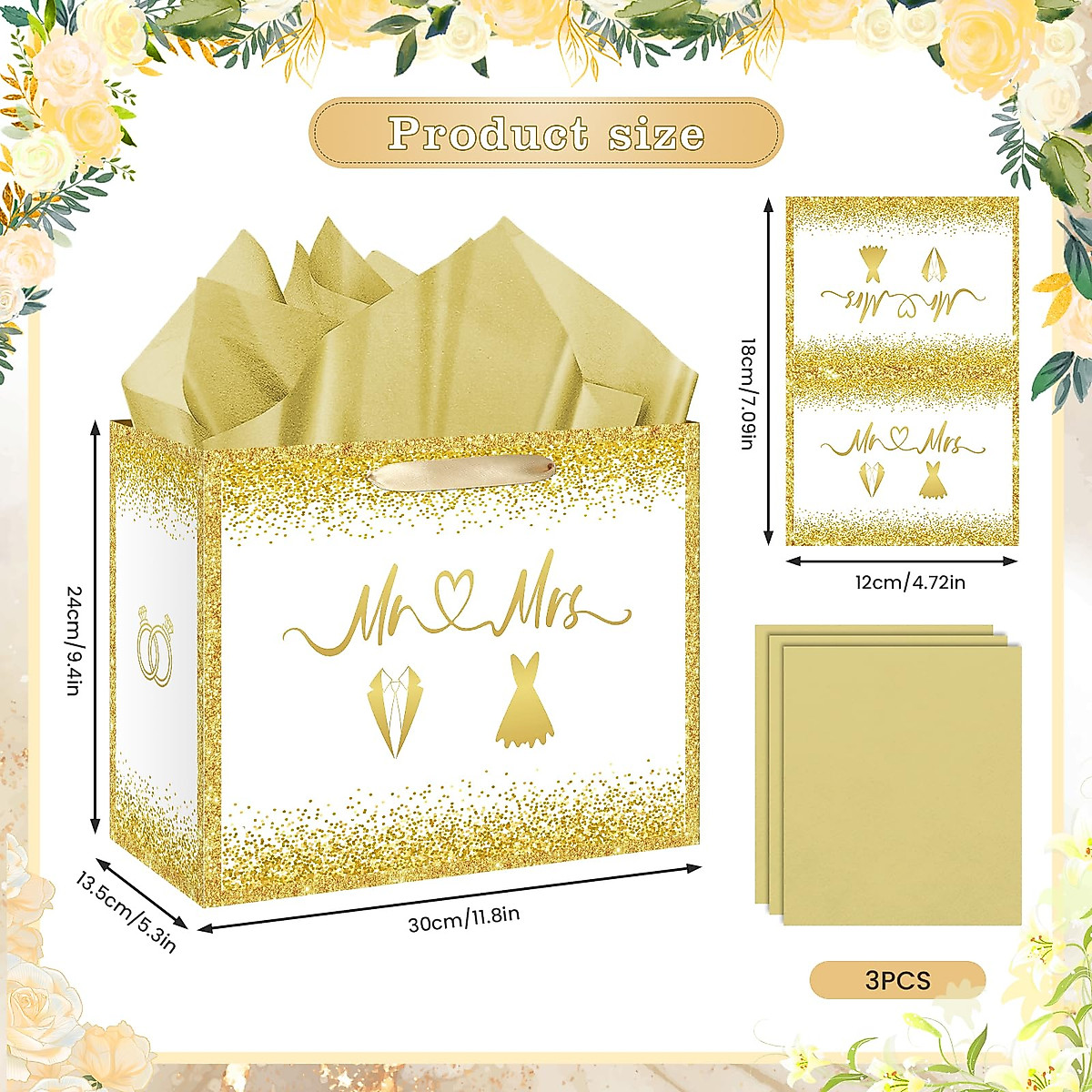 Wedding Gift Bag Bridal Shower Gift Bags Bride Gift Bag large Mrs and Mr Gift Bag White Gold Wrapping Paper Bag with Tissue Paper Card Bridal Anniversary Wedding Engagement Shower Gift Bag for Couple