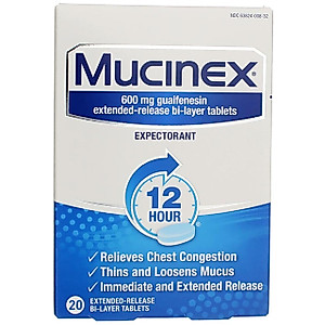 Chest Congestion, Mucinex Expectorant 12 Hour Extended Release Tablets, 20ct, 600 mg Guaifenesin with Extended Relief of Chest Congestion Caused by Excess Mucus. Thins and Loosens Mucus (Pack of 3)