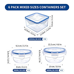 KIGI [6 PACK] 42.3OZ/10.1OZ/20.3OZ Square Plastic Food Storage Containers and Round Nested Mixing Bowls Set Freeze Meal Prep and Leftovers Container