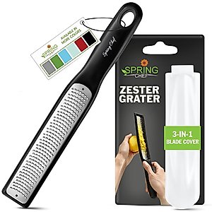 Spring Chef Premium Lemon Zester Grater with Handle - Fruits, Garlic, Chocolate, Nutmeg, Ginger Grater - Heavy Duty Kitchen Tool - Stainless Steel Citrus Zester with Blade Cover - Fine Shred, Black