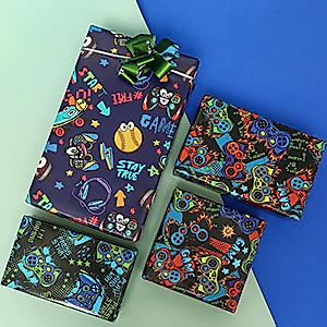 BOLIANNE Gaming Birthday Wrapping Paper for Boys Girls Kids with Cut Lines, 6 Large Sheets Video Game Gift Wrap for Game Lover, 27 x 37 Inches, High Gloss