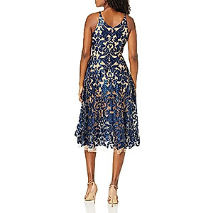 Dress the Population Women's Blair Plunging Fit and Flare Midi Dress Dress, Navy/Nude, S