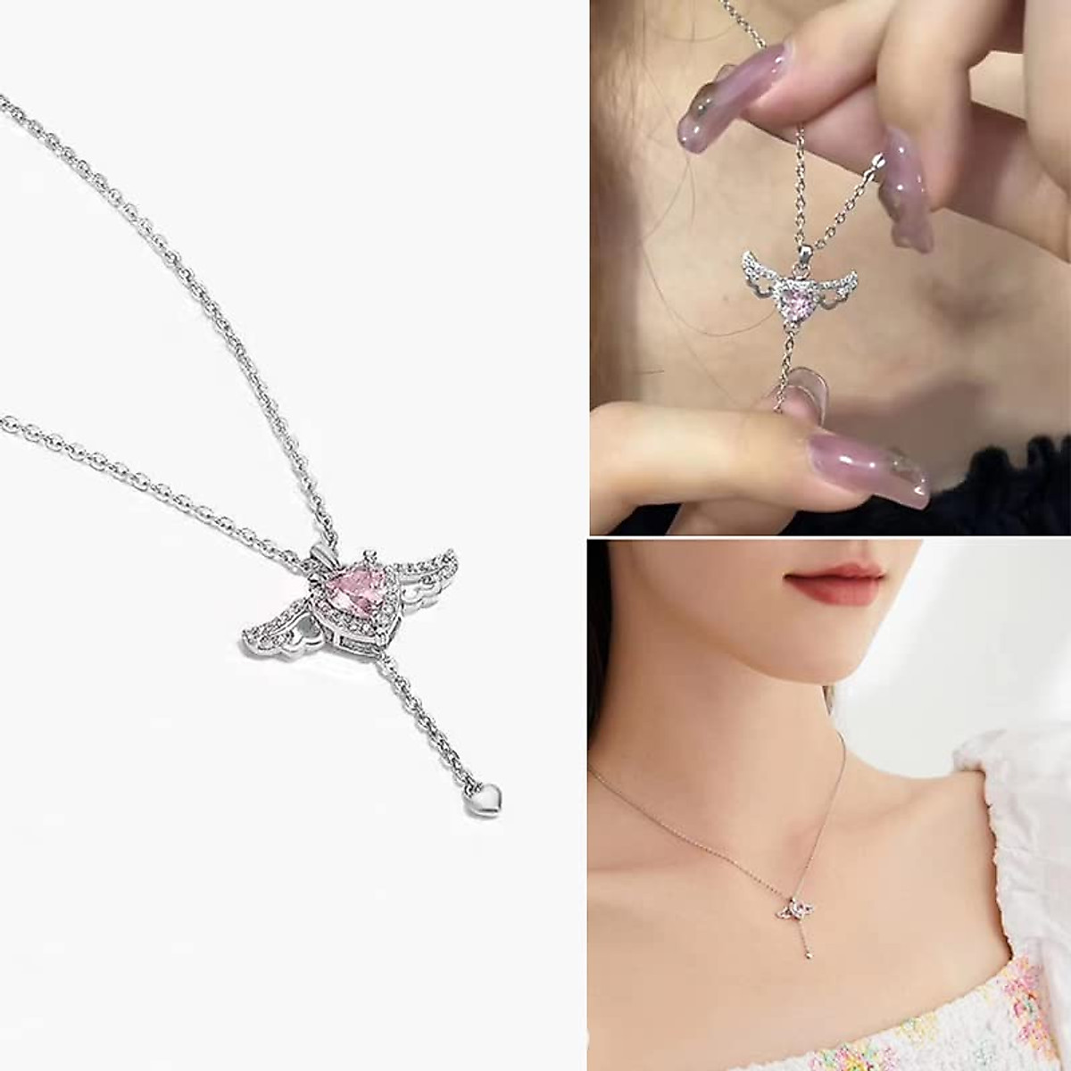 Keopun Pink Crystal Angel Wings Heart Pendant Necklace, 925 Sterling Silver Angel Wings Necklace with Swing Wings, Angel Necklaces for Women (2Pcs)