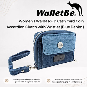 WalletBe Women's Wallet RFID Cash Card Coin Accordion Clutch with Wristlet Blue Denim