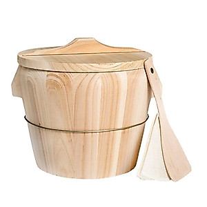 Cabilock 1 Set Wooden Rice Bowl Bucket Wooden Steamed Rice Barrel Handmade Cooking Rice Barrel with Stearmer Liner Lid and Rice Paddle for Home Chinese Restaurant Wood Color