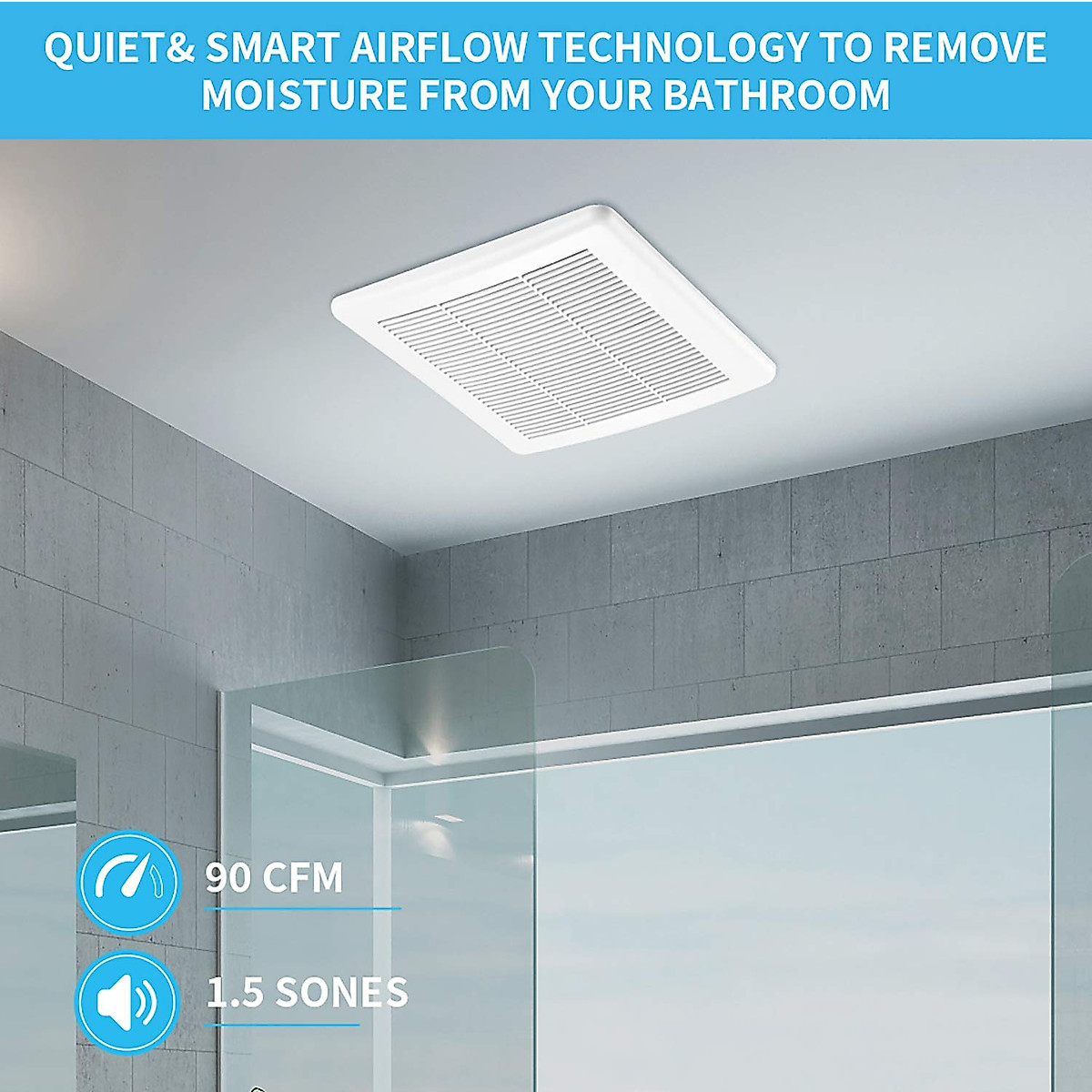 Tech Drive Very-Quiet Bathroom Ventilation and Exhaust Fan 90 CFM 1.5 Sone, Ceiling Mounted Fan,White Plastic Grille