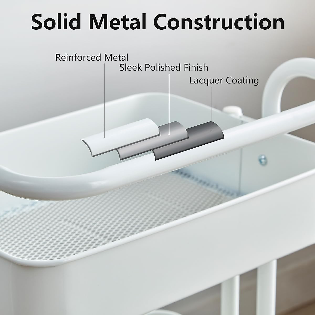 YKL 3-Tier Utility Rolling Cart,Mobile Utility Cart with Lockable Caster Wheels, Metal Organization Cart with Handle Multifunctional Storage Shelves for Kitchen Living Room Office White