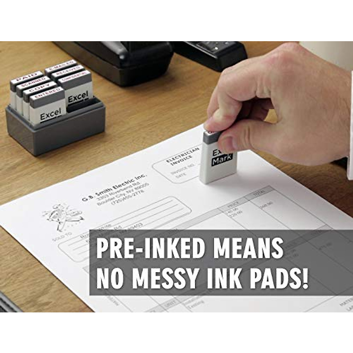 ExcelMark Mini Office Message Rubber Stamp Set - Red Ink - Storage Tray Included