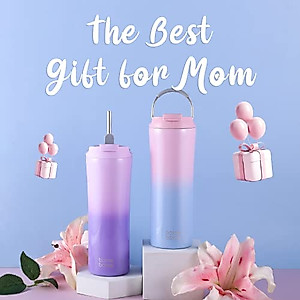 BOTTLE BOTTLE Insulated Coffee Tumblers with Dual-use Lid and Straw Double Walled Iced Travel Coffee Mug for Woman and Man 18 oz Stainless Steel Tumbler with Handle(Pink Blue