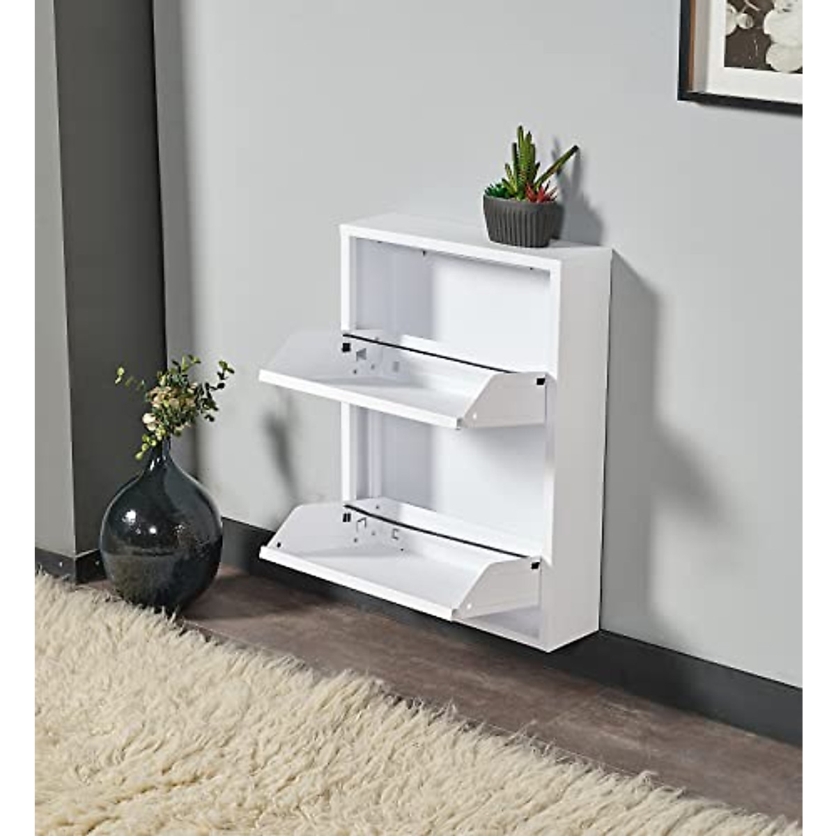 Alveon Flip Drawer Shoe Cabinet, Storage Organizer, Freestanding Shoe Rack, Wall Mounted No-Assembly (White, 2 Drawer)