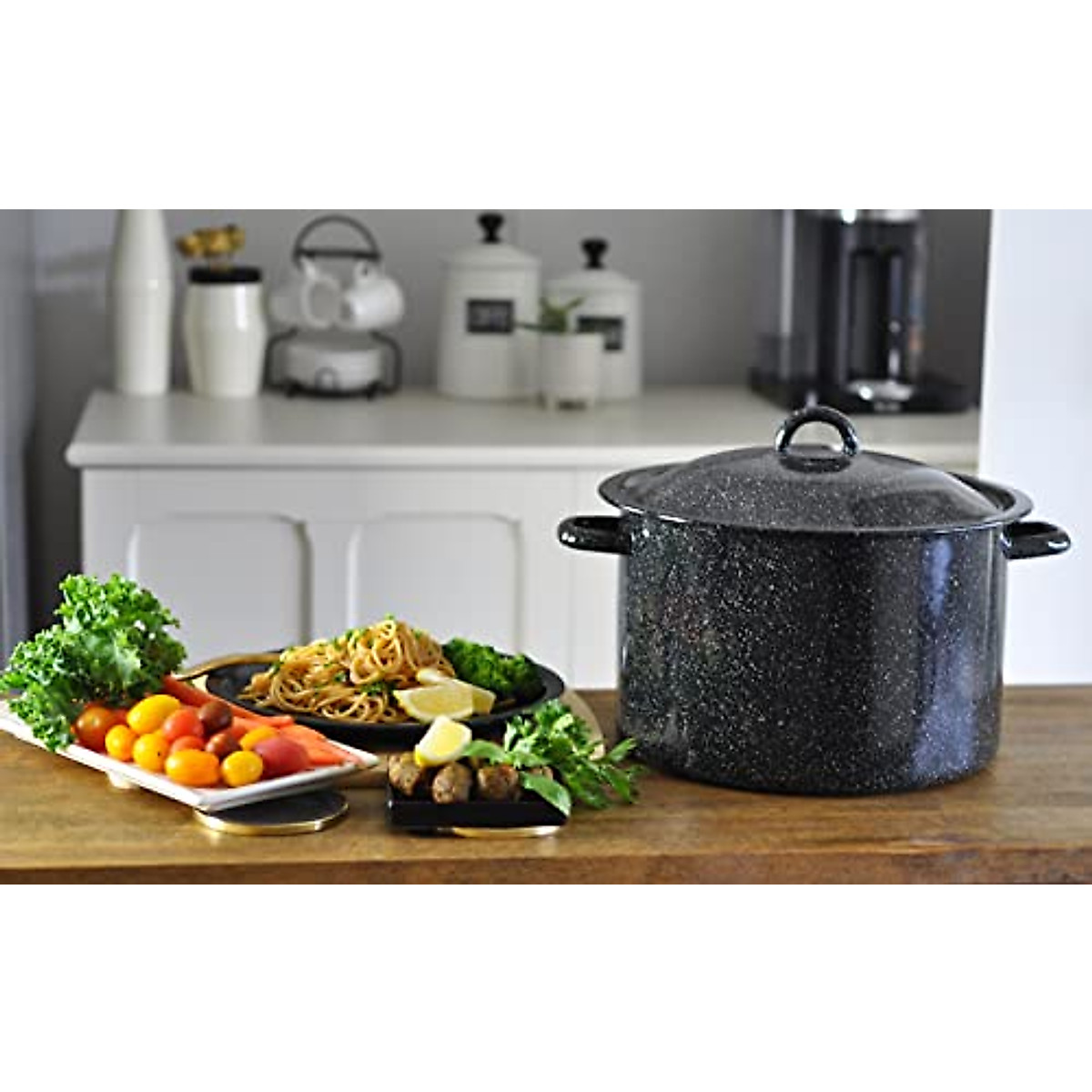 Mirro Traditional Vintage Style Black Speckled Enamel on Steel Stock Pot with Lid, 33 Quart, (MIR-10708)