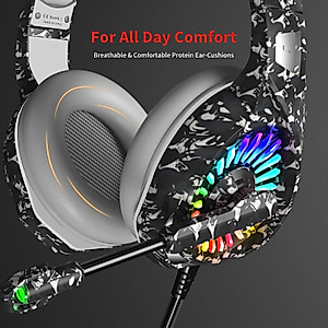 ZIUMIER Camo Gaming Headset for PS4, PS5, Xbox One, PC, Laptop, Mac, Nintendo, 3.5MM Wired Gaming Headphones with Microphone, Bass Surround, LED Light, Camouflage
