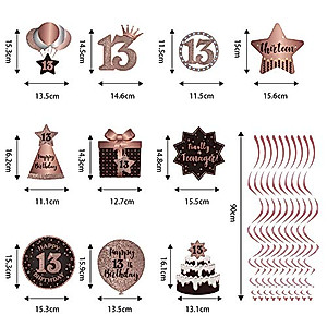 Happy 13th Birthday Party Hanging Swirls Streams Ceiling Decorations, Celebration 13 Foil Hanging Swirls with Cutouts for 13 Years Old Pink and Gold Birthday Party Decorations Supplies