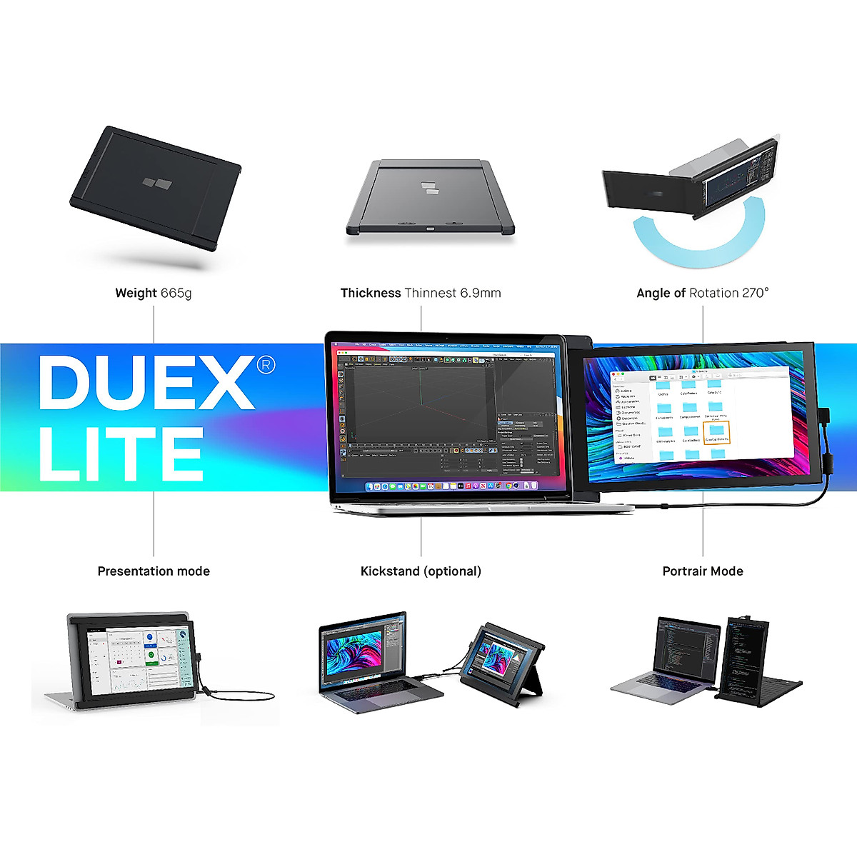 Duex Mobile Pixels Lite Portable Monitor for Laptops 12.5" Full HD IPS Screen,USB C Ultra Portable Laptop Dual Monitor, Plug and Play,Any Laptops Compatible (Grey)