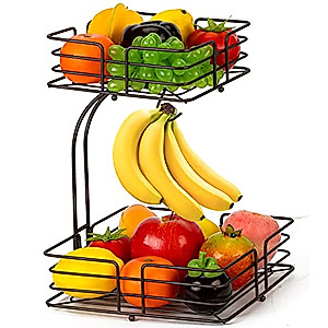 Auledio GGG-123 2-Tier Square Countertop Fruit Vegetables Basket Bowl Storage With Banana Hanger, Brone, 1 PACK