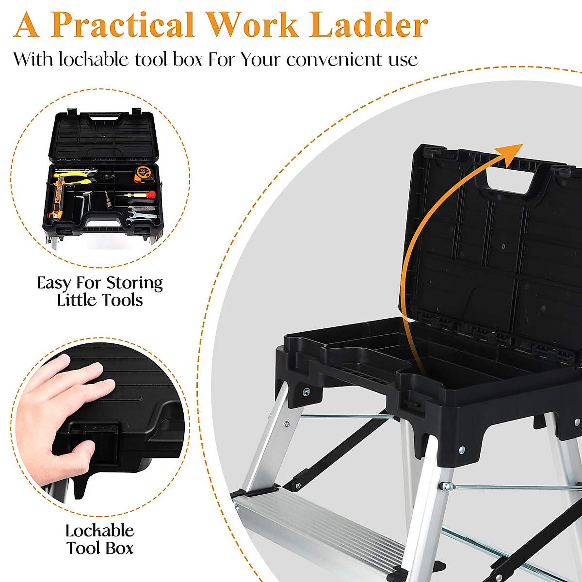 Mesjaedr Two Step Ladder, Folding Aluminum Step Stool with Wide Pedal & Built-in Tool Box, 330 lbs Capacity Sturdy&Portable 2 Step Ladder for Home Kitchen, Bedroom, Office, Library, Workplace
