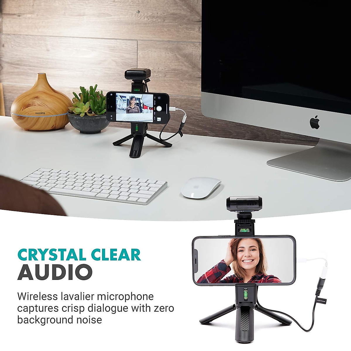Movo Smartphone Vlogging Kit with Wireless Lavalier Microphone, Mini Tripod, and Rotating Phone Holder for Tripod - Wireless Lapel Microphone for iPhone and Android Smartphones, DSLR Camera, and More