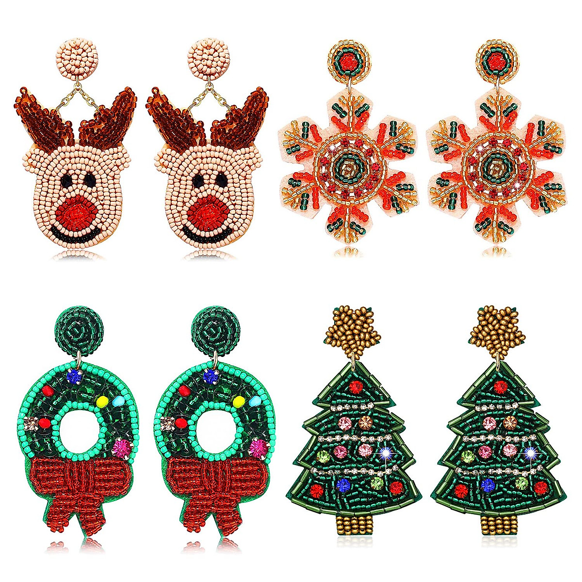 PHALIN 4Pairs Christmas Earrings for Women Holiday Earrings Handmade Christmas Tree Earrings Beaded Snowflake Reindeer Wreath Dangle Earrings Holiday Party Gifts (Mix)