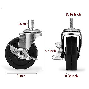 Pusalxl 3-Inch Casters,Shelving Wheels, Wire Shelving Replacement Wheels Set of 4, Threaded Stem Rubber Casters (Screw Diameter 3/16"- 20, Length20mm) for Wire Shelves Rack Legs with 3/4" Posts