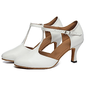 Honeystore Women's T-strap Ballroom Solid Dance Shoes Latin White 9.5 B(M) US