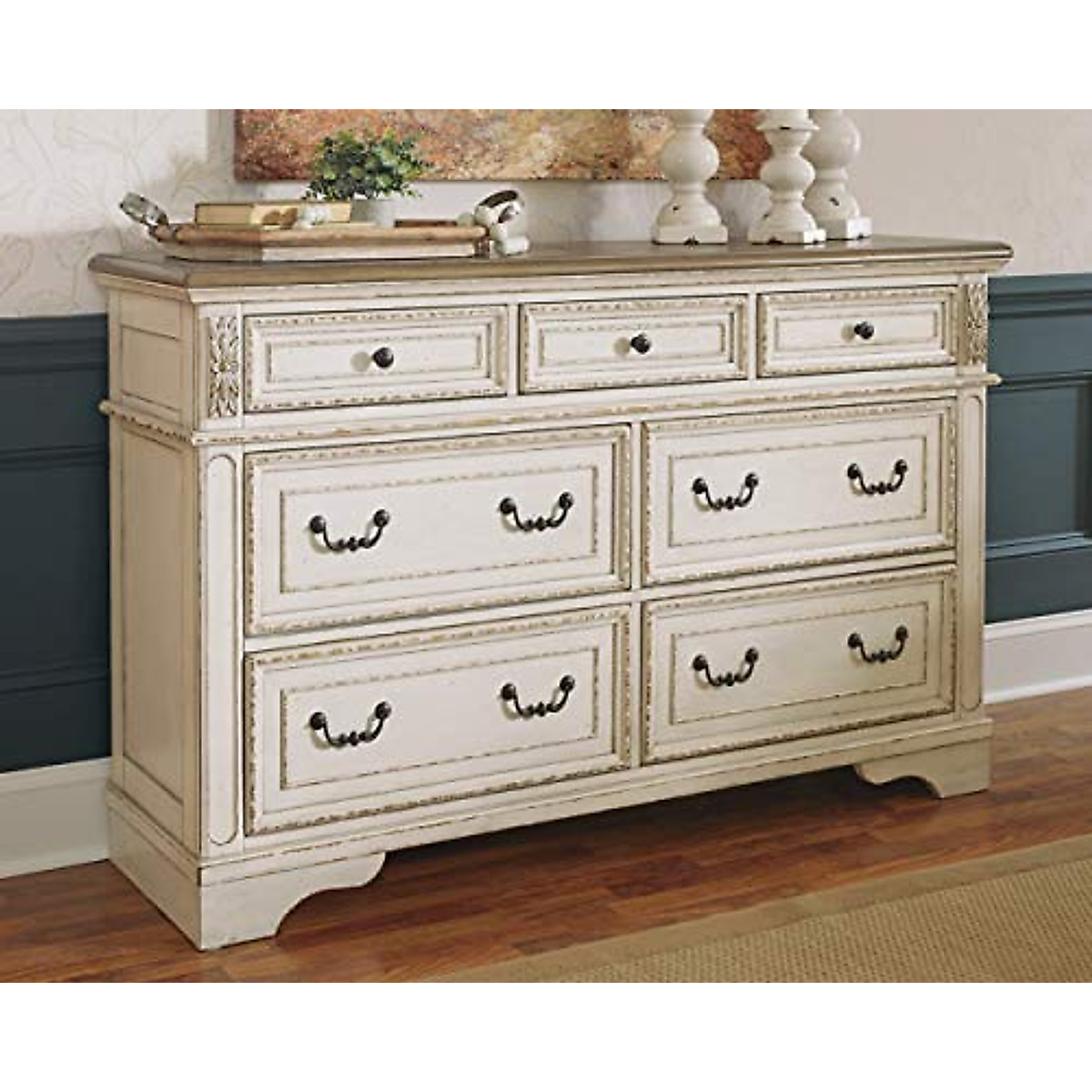 Signature Design by Ashley Realyn French Country 7 Drawer Two Tone Dresser, Chipped White