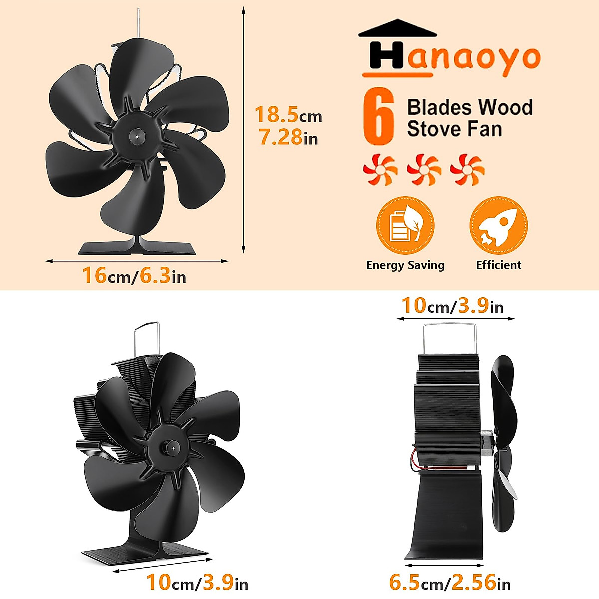 Hanaoyo Wood Stove Fan, 6 Blades Wood Stove Fan Heat Powered, Fireplace Fan with Magnetic Thermometer, Wood Stove Accessories, Non Electric Fan for Wood/Log Burner Stove