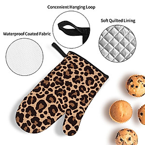 Leopard Print Oven Mitts and Pot Holders Sets,Non-Slip Heat Resistant Oven Gloves for Grilling Baking Cooking Kitchen Housewarming Gift
