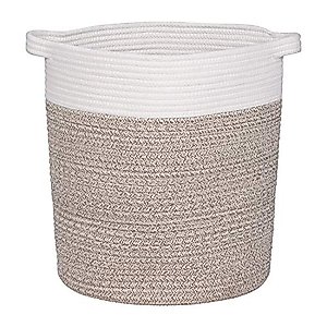 KEEGH Blanket Basket for Living Room 14" x 16" Decorative Cotton Rope Laundry Basket with Hanldes Tall Woven Hamper Floor Basket for Blankets Pillows Toys Towels, White & Brown