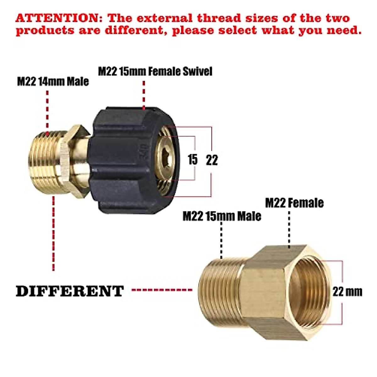 PWACCS Pressure Washer Adapter, M22 15mm Female to M22 14mm Male Fitting, Power Washer Hose and Gun Coupler, 5000 PSI