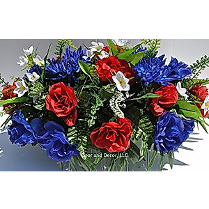 Summer Patriotic Cemetery Flowers with Red Roses, Blue Spider Mums, Blue Roses, and White Forget-me-nots headstone saddle arrangement
