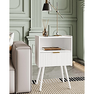 Veegle White Nightstand,Modern Bedside Table with Storage Drawer and Open Wood Shelf, Accent Night Stand with Solid Wood Legs for Living Room, Bedroom and Small Spaces,Easy Assembly,Classic White