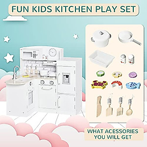 Qaba Kids Play Kitchen Set Pretend Wooden Cooking Toy Set with Drinking Fountain, Microwave, Fridge and Accessories for Age 3 Years, White