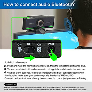 Audio Bluetooth Webcam with mic for desktop, Computer webcam Connect Bluetooth Headset/Earphone/Speaker, Streaming Webcam for Live Skype Teams,PC Webcam Camera for Streaming, Bluetooth only for audio