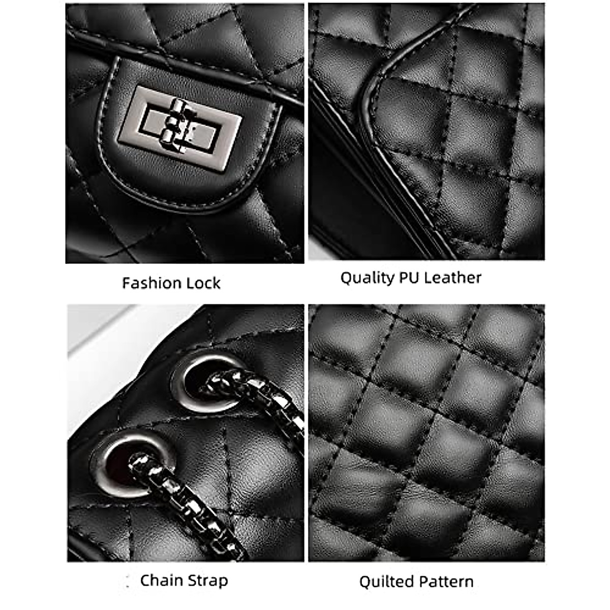 CEDDEOS Quilted Black Crossbody Bags Purses for Women, Small Handbags PU leather Shoulder Ladies Stylish Clutch Satchels Evening bag with Chain Strap