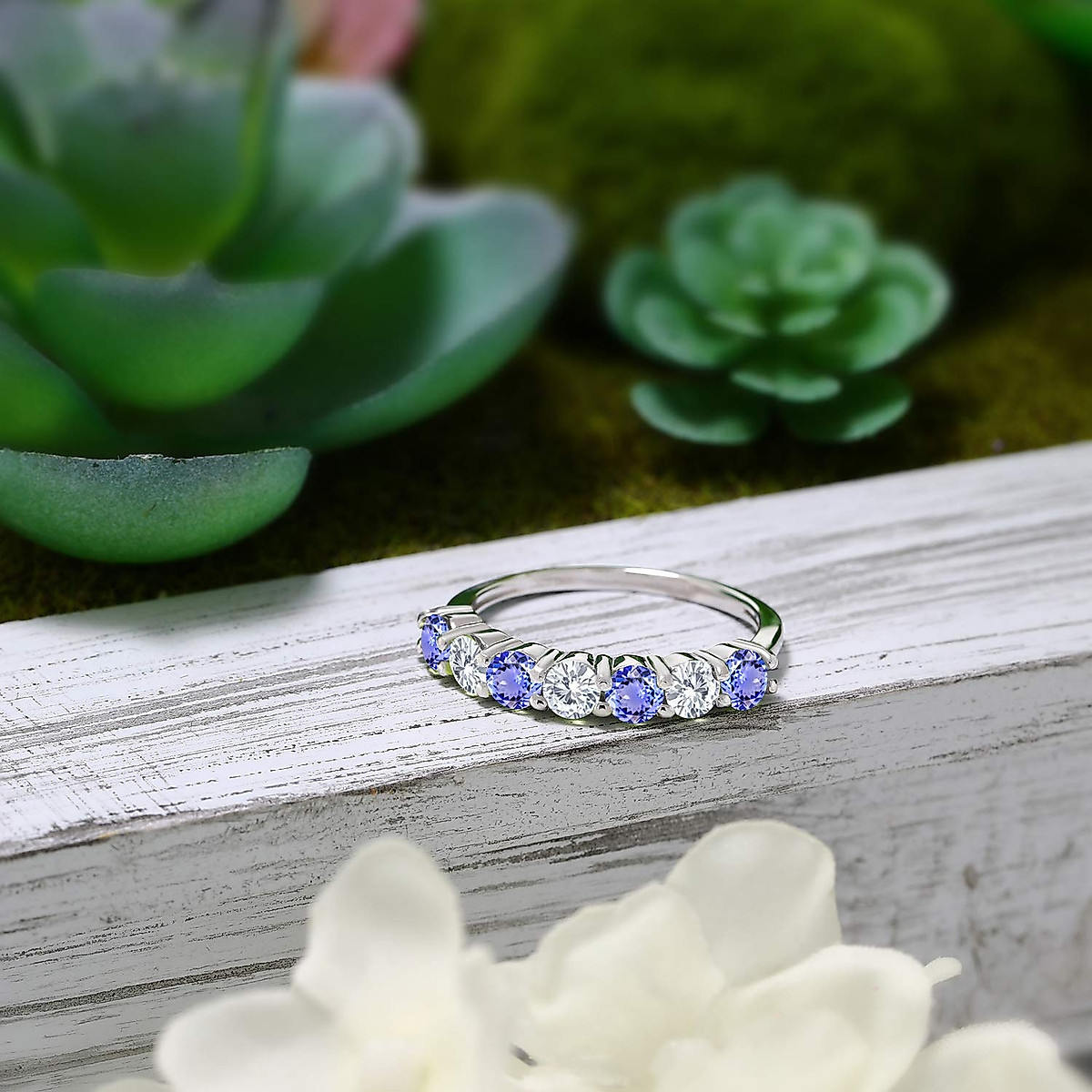 Gem Stone King 925 Sterling Silver Gemstone Birthstone and White Moissanite Wedding Band Engagement Anniversary Ring | Round 3.5MM | 7 Stone Promise Ring For Women