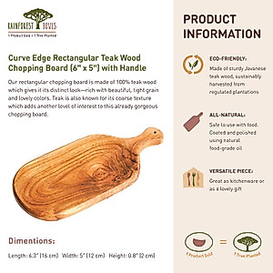 Rainforest Bowls 6"x5" Curved Edge Rectangular Javanese Teak Wood Cutting Board w/Handle- Ultra-Durable, Heavy Duty, Lasts Years w/Daily Use- Premium Style Handcrafted by Indonesian Artisans