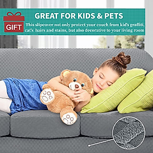 YEMYHOM Latest Checkered 4 Pieces Couch Covers for 3 Cushion Couch High Stretch Thickened Sofa Cover for Dogs Pets Elastic Slipcovers Living Room Furniture Protector (Light Gray), 71"-91"(3 Cushions)