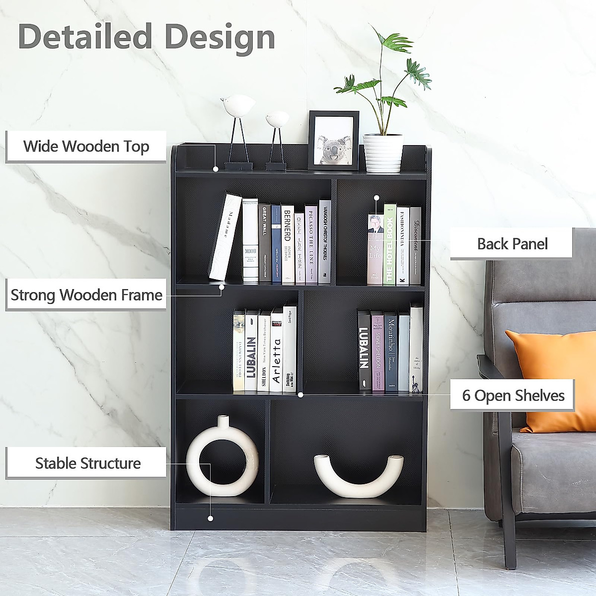 COMUHOME Book Shelf with Back Panel Stability 6 Cube Bookcase Multifunctional Cube Storage Organizer for Bedroom Living Room Office Closet School in Black with 31.49''W