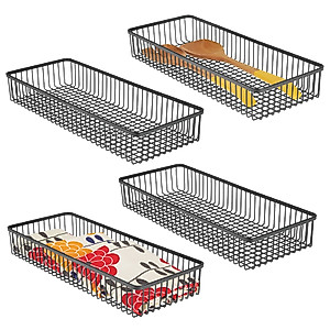 mDesign Metal Farmhouse Kitchen Cabinet Drawer Organizer Basket Tray, Shallow Storage Bin for Cutlery, Serving Spoons, Cooking Utensils, Appliances, Gadgets, Unity Collection, 15" Long, 4 Pack, Black