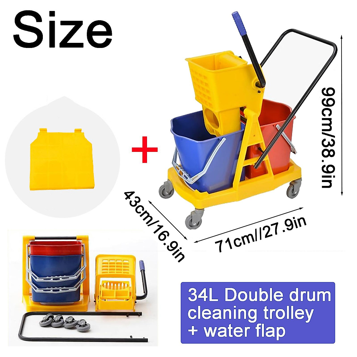Mop Bucket, Double Bucket Cleaning Bucket, Commercial mop Bucket and Side Pressure Wring Combination with Wheels for Free Movement, 34L Large Capacity Cleaning Cart, for Home and Commercial (Yellow)