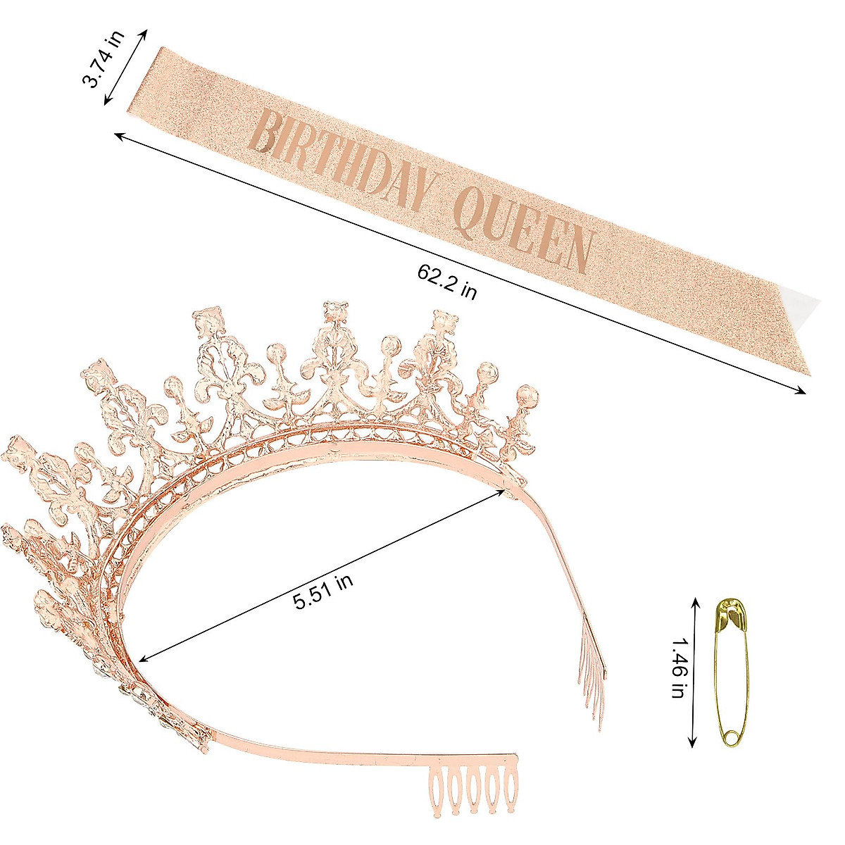 CURASA Rose Gold Birthday Queen Crown and Sash Birthday for Women Birthday Crowns Decorations Birthday Tiara and Sash for Women Princess Tiara with Comb Princess Crown Girl Tiara Party for Girls
