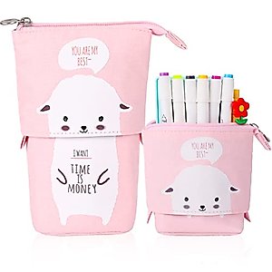 iSuperb Cartoon Telescopic Stand Up Pencil Case Pen Bag Cute Animal Office Student Stationery Bag Cosmetic Organizer Pouch (White Sheep)