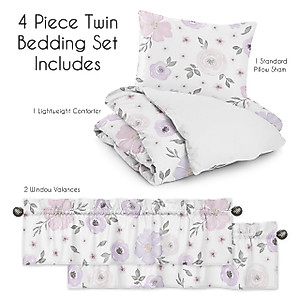 Sweet Jojo Designs Lavender Purple, Pink, Grey and White Shabby Chic Watercolor Floral Girl Twin Kid Childrens Bedding Comforter Set - 4 Pieces - Rose Flower