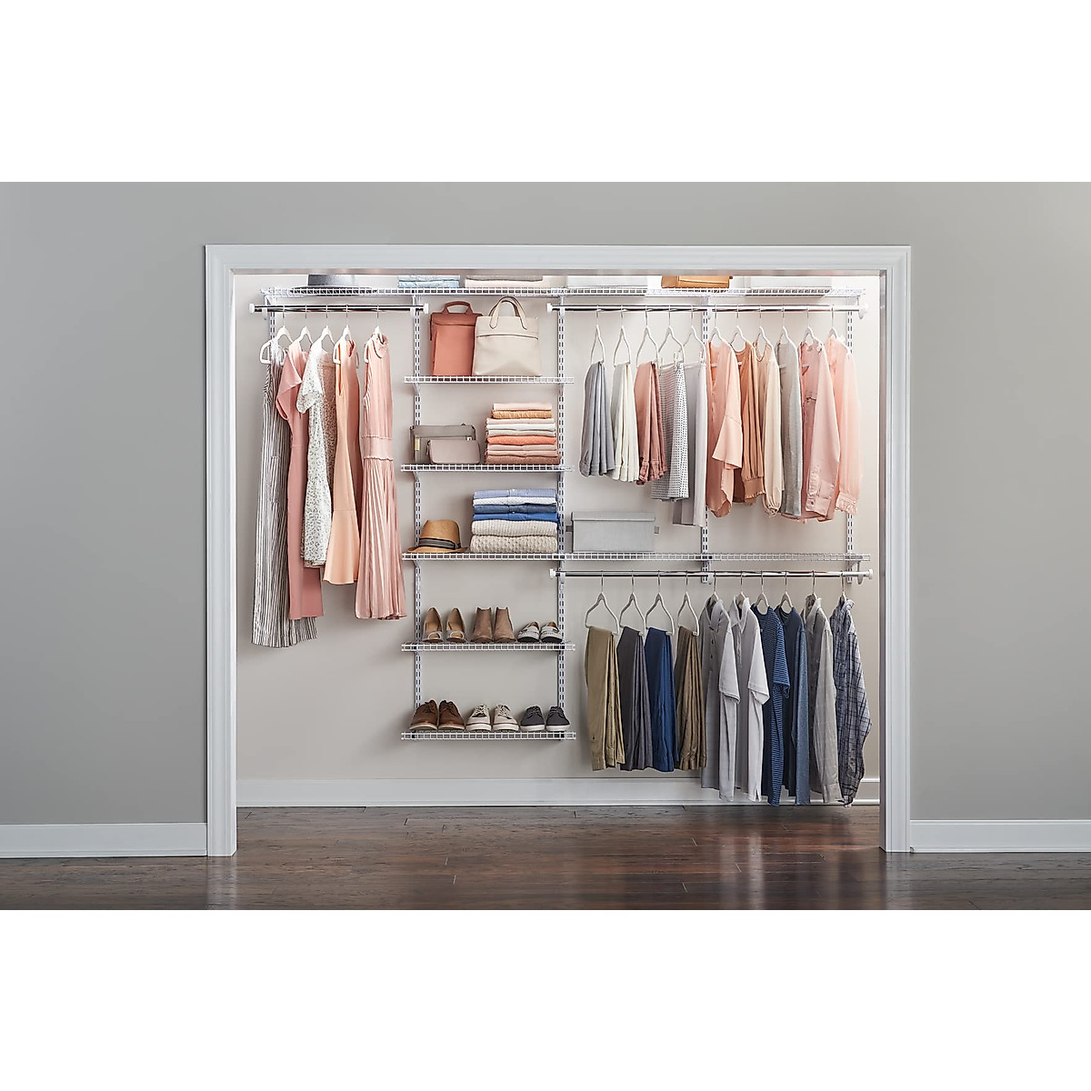 Rubbermaid Configurations Deluxe Closet Kit, White, 4-8 Ft., Wire Shelving Kit with Expandable Shelving and Telescoping Rods, Custom Closet Organization System, Easy Installation