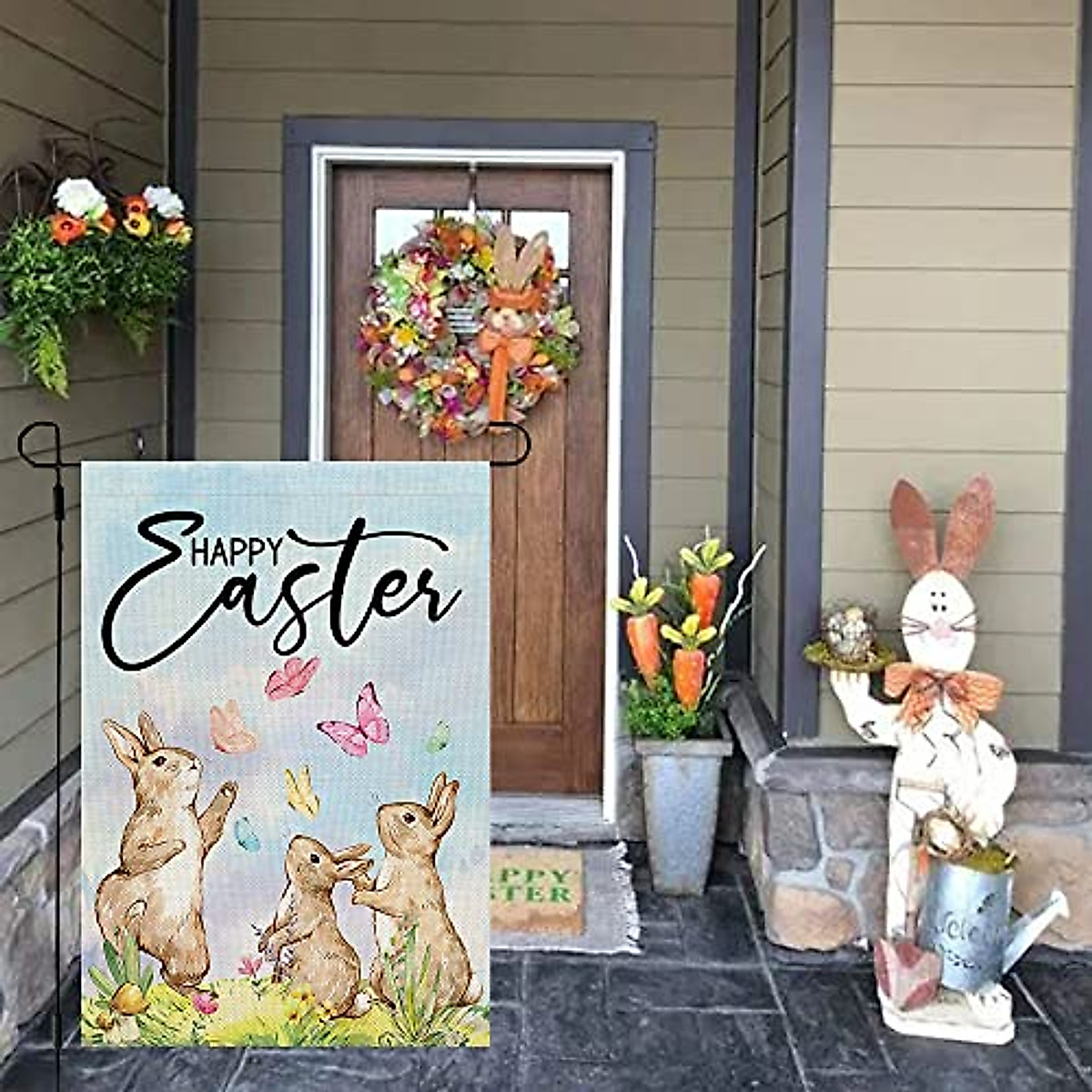 CROWNED BEAUTY Happy Easter Bunnies Garden Flag 12X18 Inch Small Double Sided for Outside Burlap Butterflies Yard Holiday Decoration CF759-12