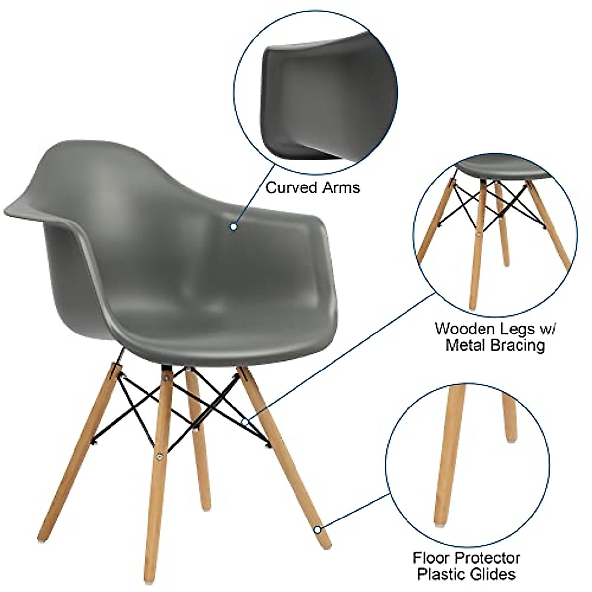 GOTMINSI Set of 4 Dining Chairs,Mid-Century Modern Dining Room Plastic Chairs, Outdoor Side Chairs with Wood Legs for Kitchen, Grey