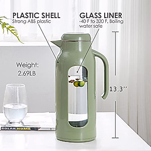 Delove 85oz/2.5 Liter Glass Water Pitcher with Lid and Shatterproof Shell - Iced Tea Pitcher&Carafe - Heat Resistant Glass Jug Water Carafe with Handle for Juice, Cold or Hot Beverages -Green
